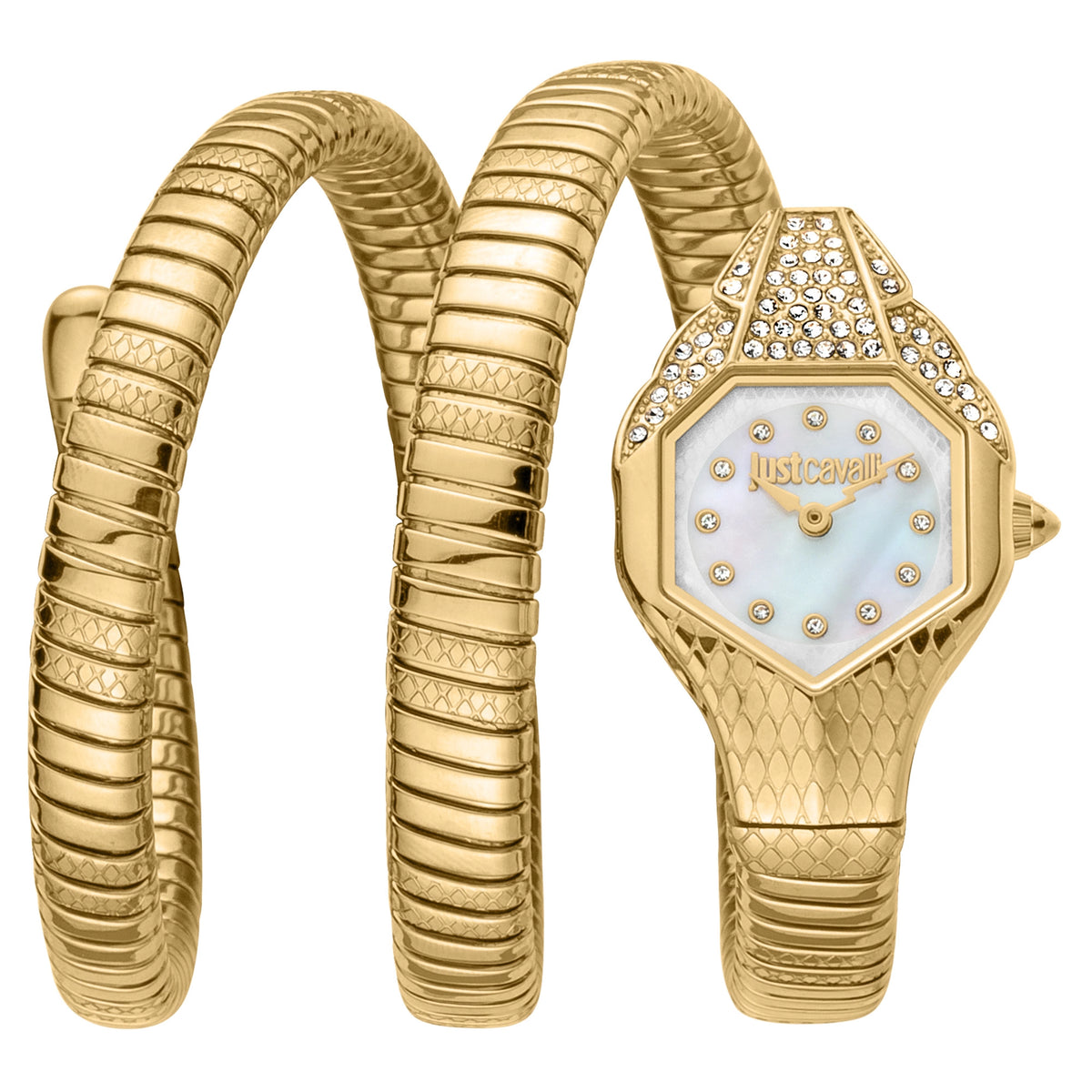 Just Cavalli Signature Snake Glam Evo 7 Doppio Yellow Gold MOP Watch ...